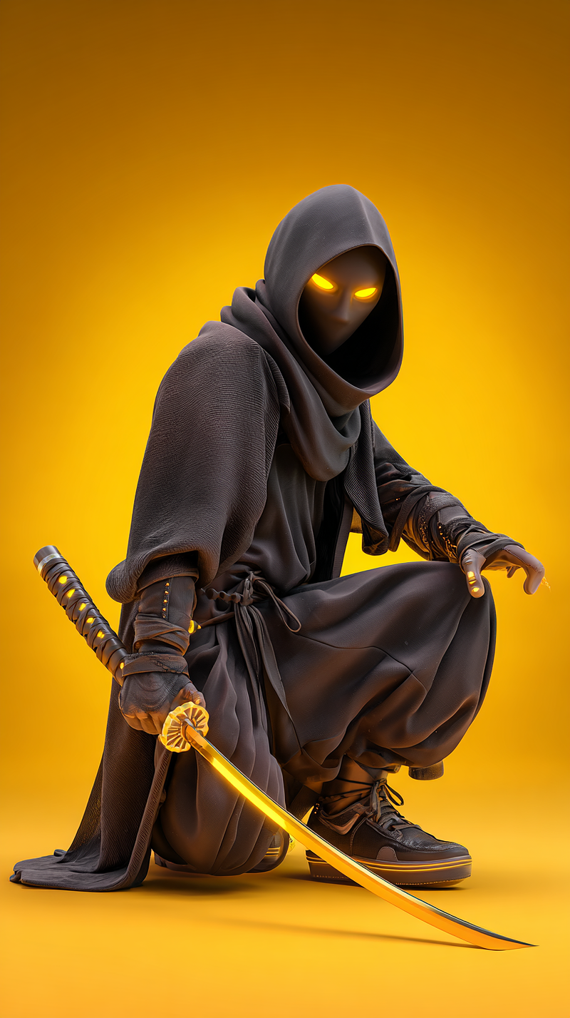 Dark Hooded Ninja Crouch Android Wallpaper – Glowing Katana Stealth ...